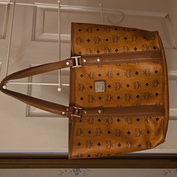 MCM | Bags | Mcm Cognac Leather And Coated Canvas Visetos Large Tote ...